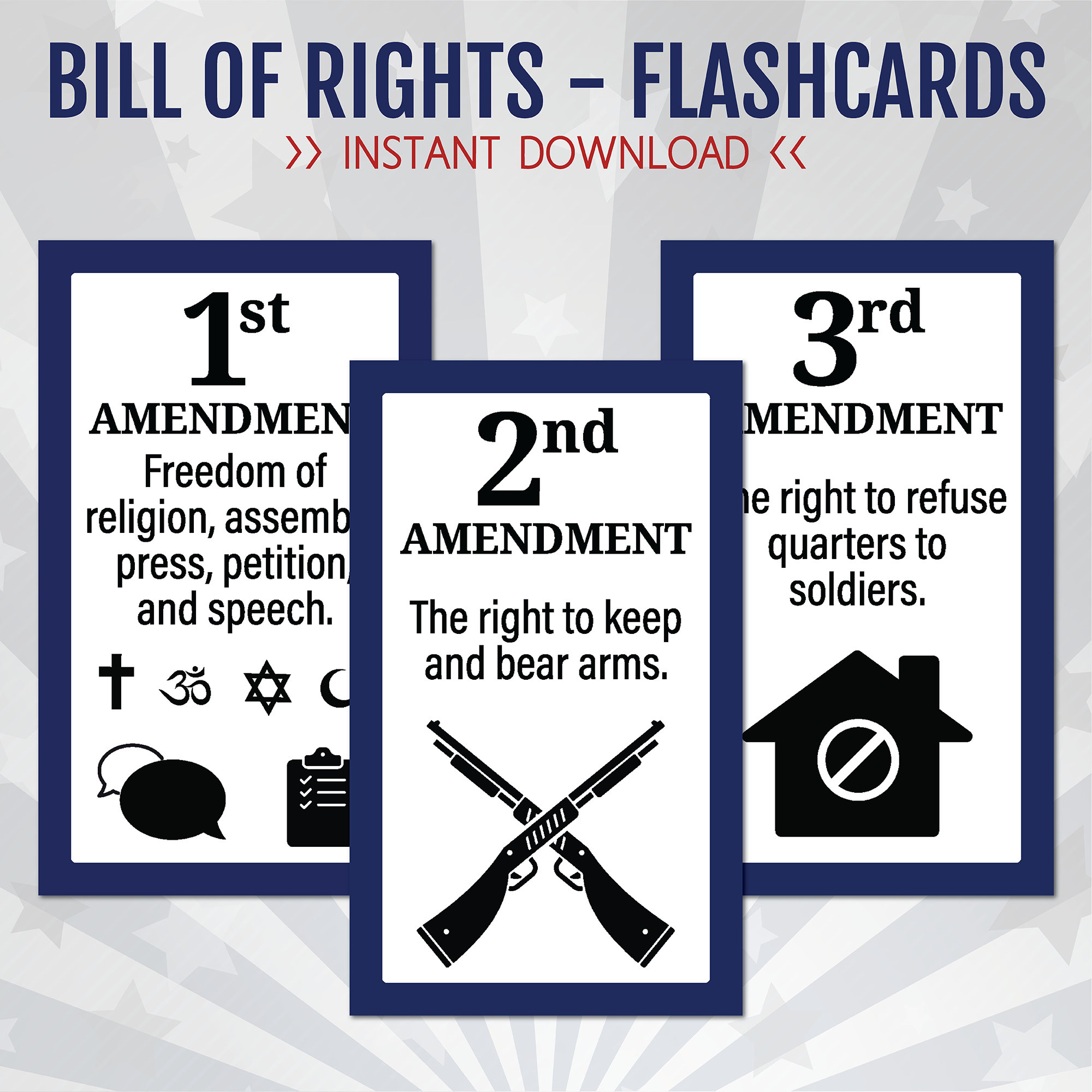 U.S. Bill of Rights, Bill of Rights Flashcards, U.S. Government, Constitution, Amendments ...