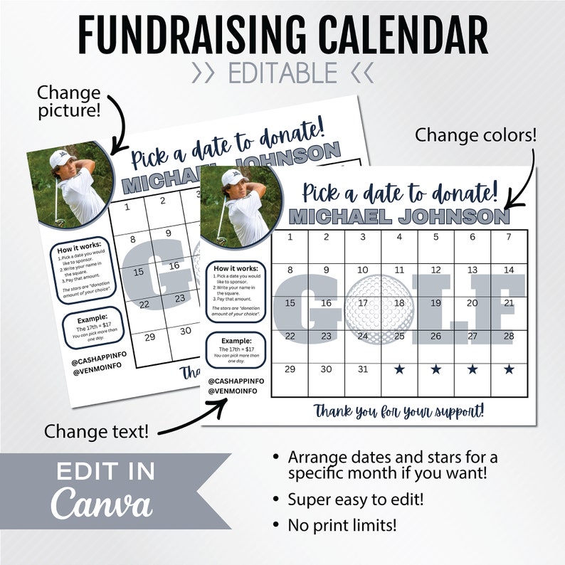 EDITABLE Fundraising Calendar, Golf, Pick a Date to Donate, Pay the ...