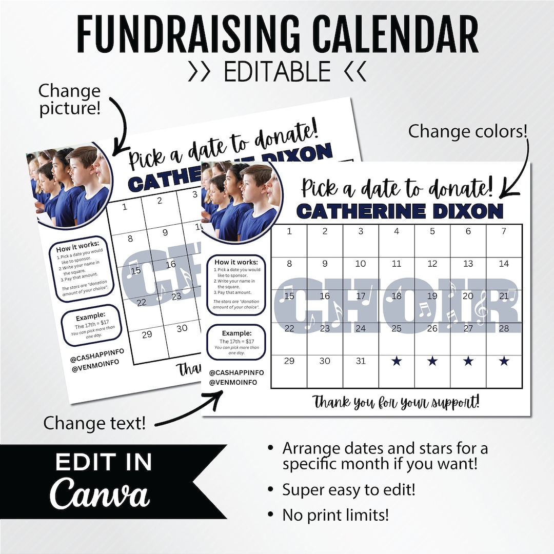 EDITABLE Fundraising Calendar, Choir, Pick a Date to Donate, Pay the ...