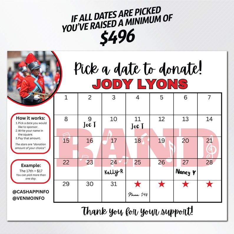 EDITABLE Fundraising Calendar, Band, Pick a Date to Donate, Pay the ...