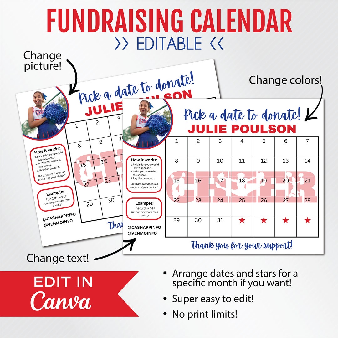 EDITABLE Fundraising Calendar, Cheer Team, Pick a Date to Donate, Pay ...