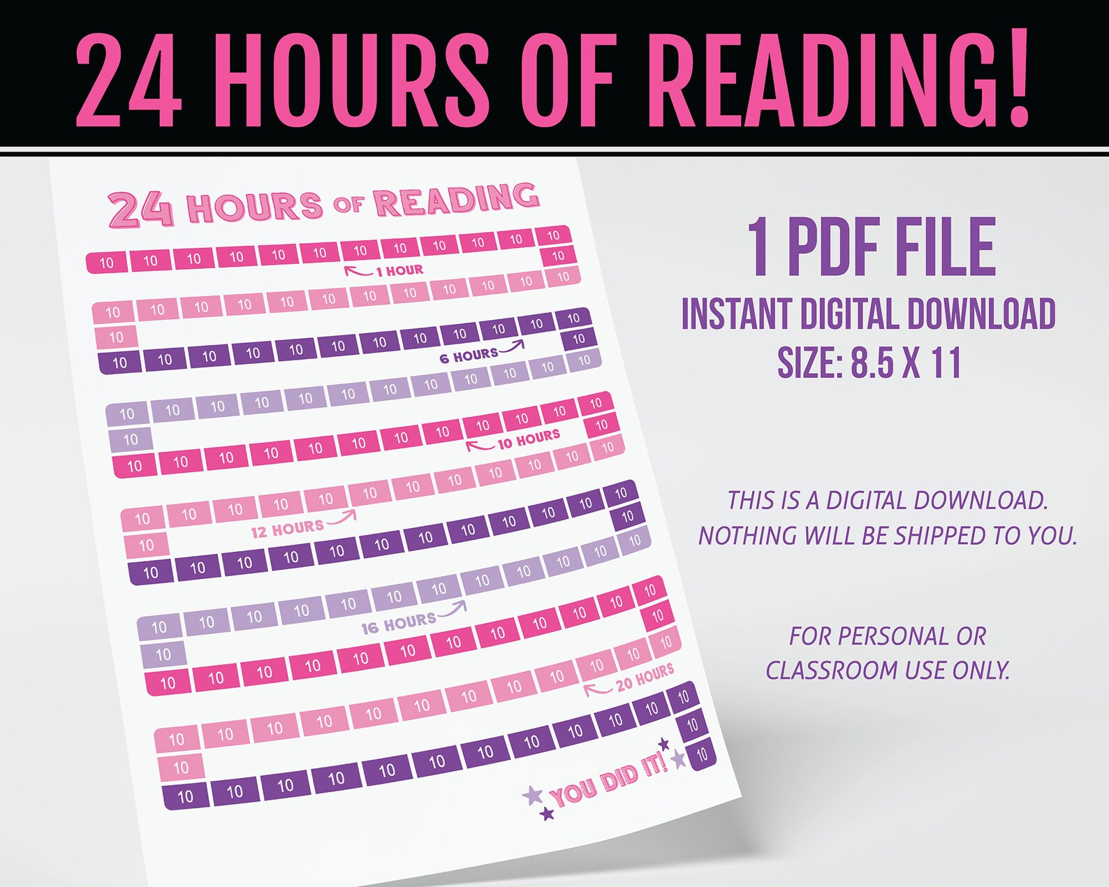 Reading Chart Tracker, Reading Log Printable, 24 Hours of Reading ...