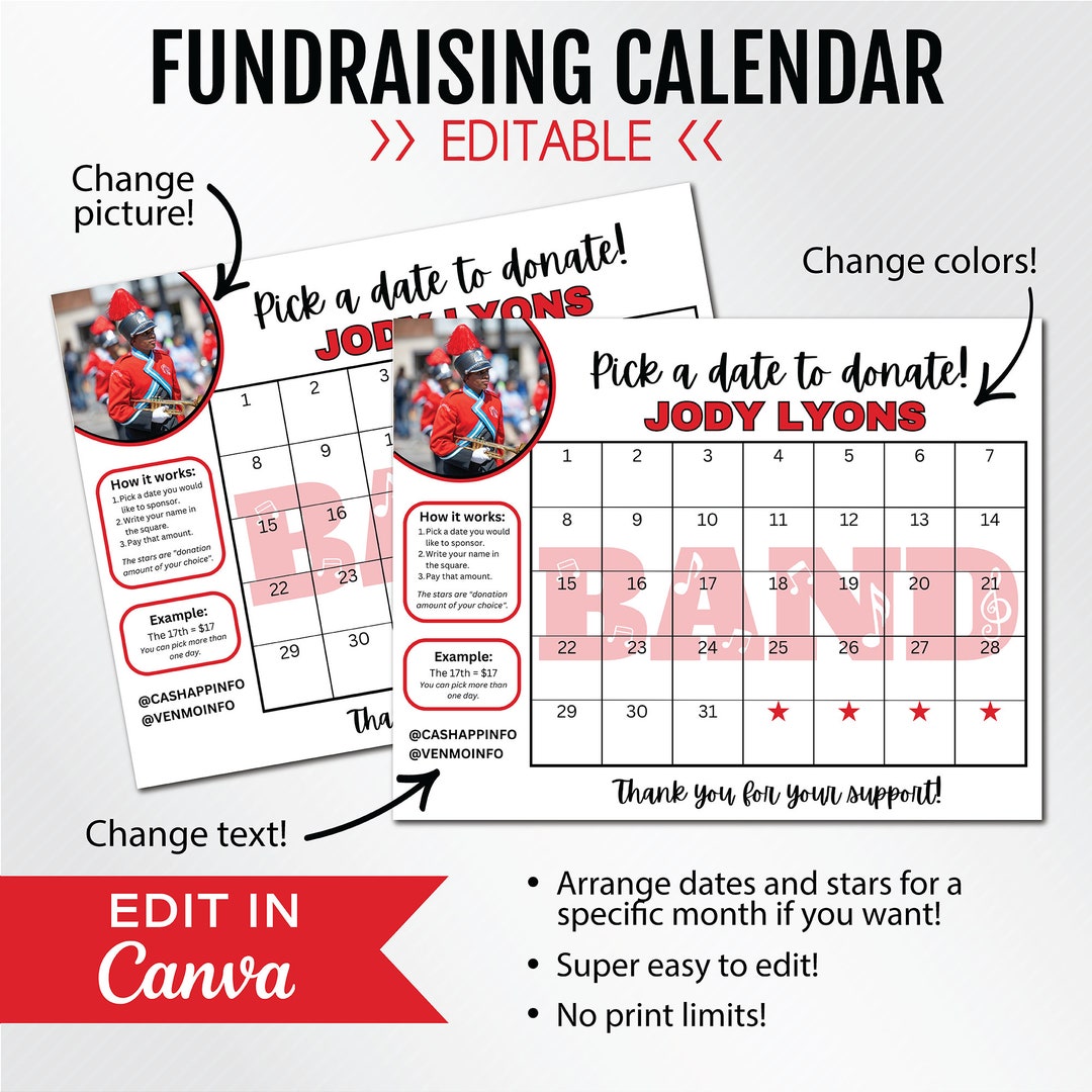 EDITABLE Fundraising Calendar, Band, Pick a Date to Donate, Pay the ...