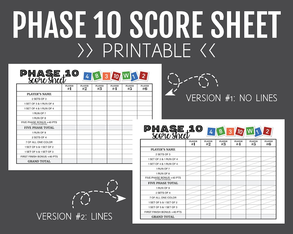 Phase 10 Score Sheet, Printable Score Sheet, Digital, Instant Download, Phase 10, Printable File ...