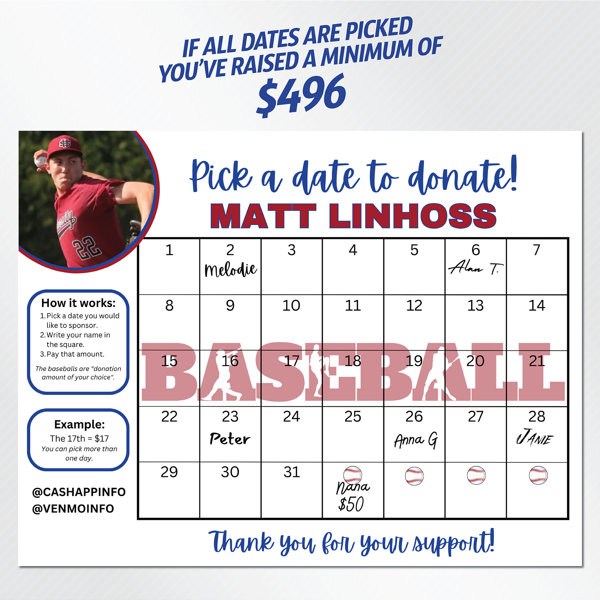 EDITABLE Fundraising Calendar, Baseball, Pick a Date to Donate, Pay the ...