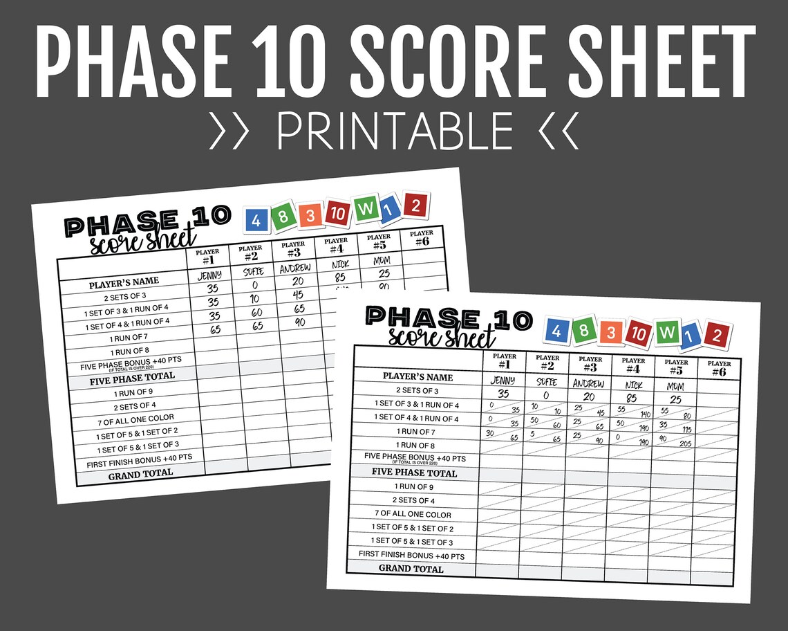 Phase 10 Score Sheet, Printable Score Sheet, Digital, Instant Download ...
