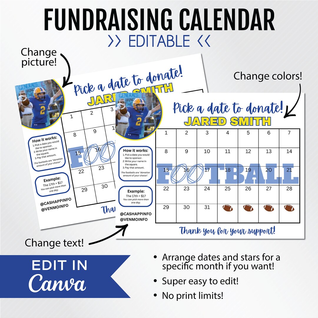EDITABLE Fundraising Calendar, Football, Pick a Date to Donate, Pay the ...