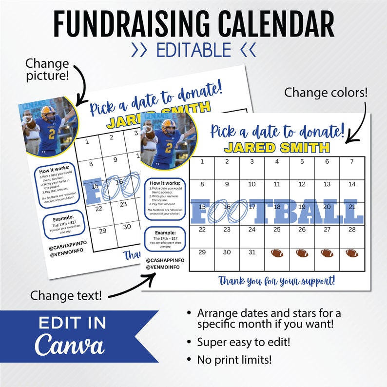 EDITABLE Fundraising Calendar, Football, Pick a Date to Donate, Pay the ...