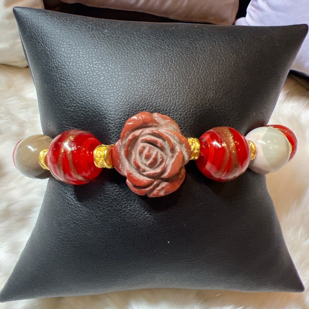 Alashan Agate and Alashan Carved Rose With Glass Beaded Bracelet - Etsy