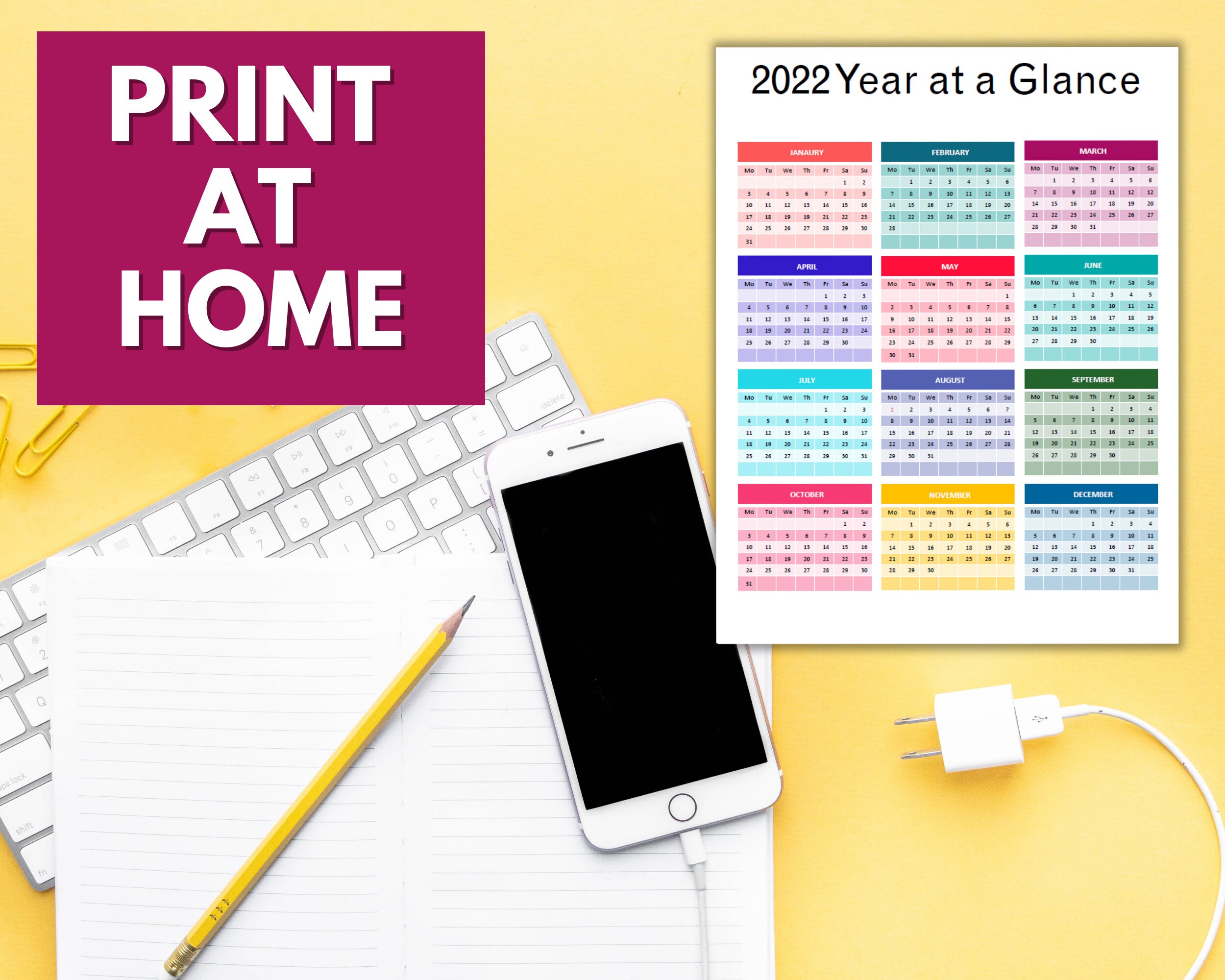 12-month One-page Printable Calendar at a Glance - Etsy