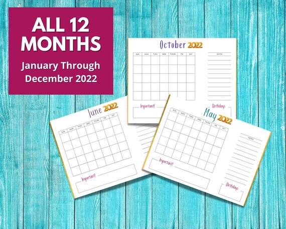 2022 Printable Calendar Blank | Etsy