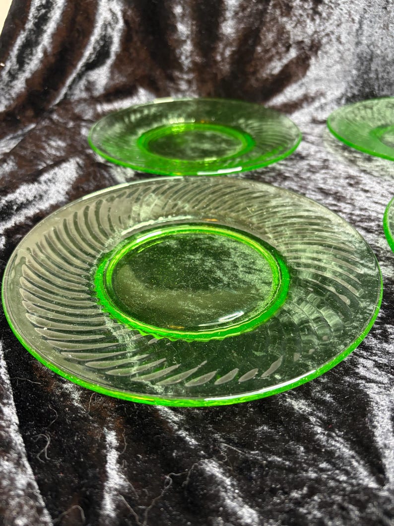 Imperial Glass Uranium Salad Plates, Swirl Optic Depression Glass - Set ...