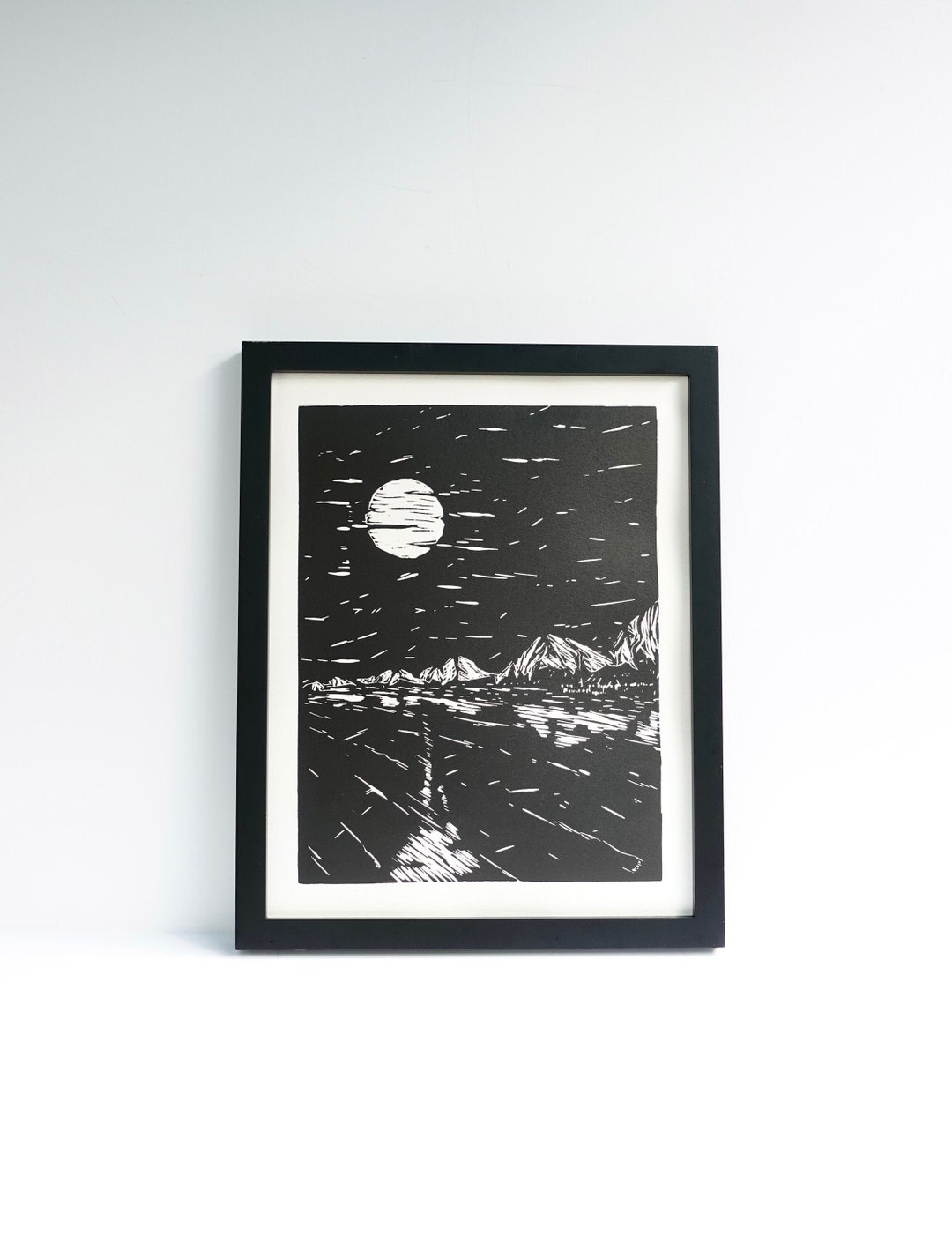 Linocut Print Mountain Lake Landscape - Framed Black & White Block ...