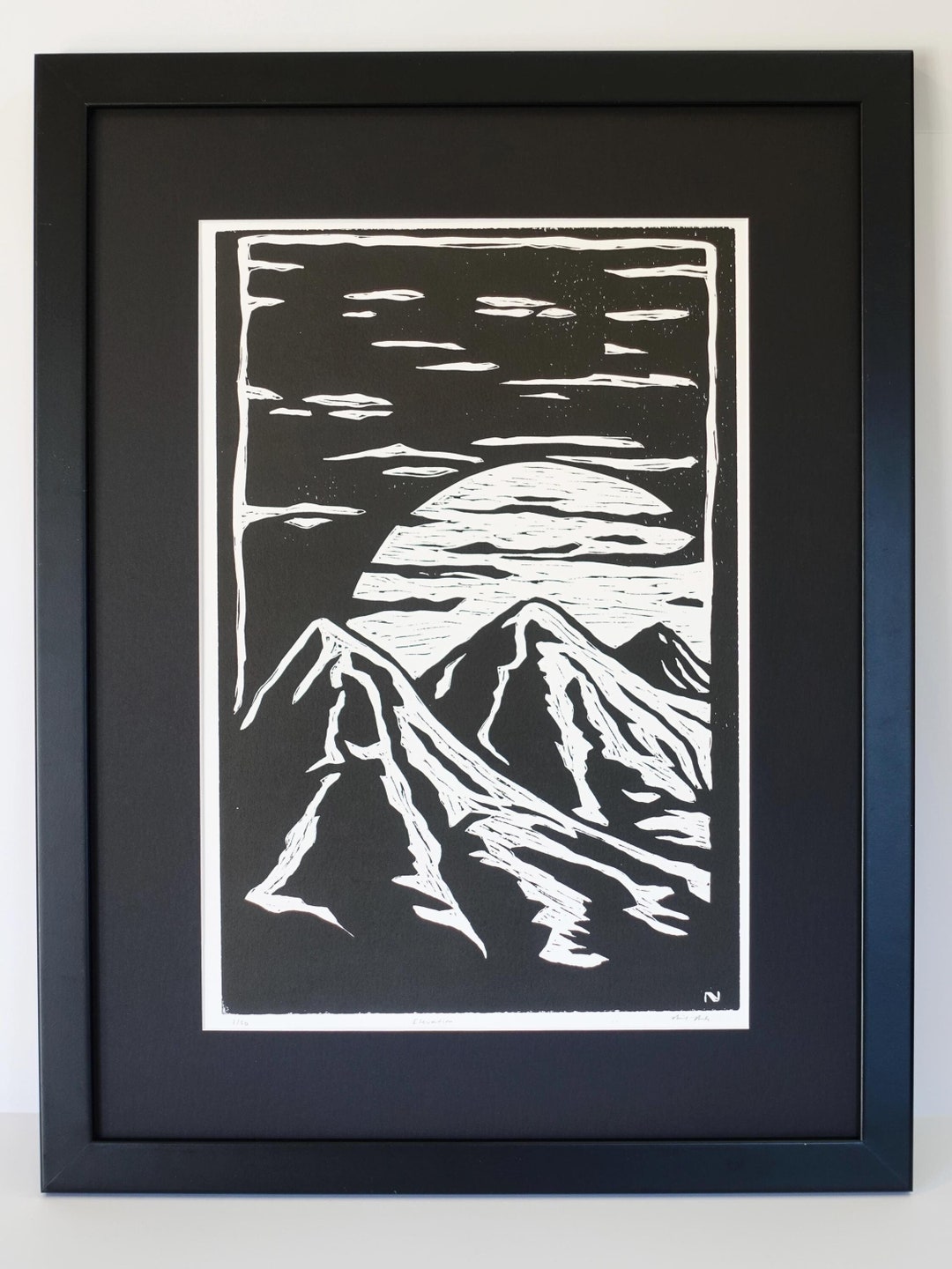 Handcrafted Linocut Print - Mountain Moon Scene - Black & White Art ...