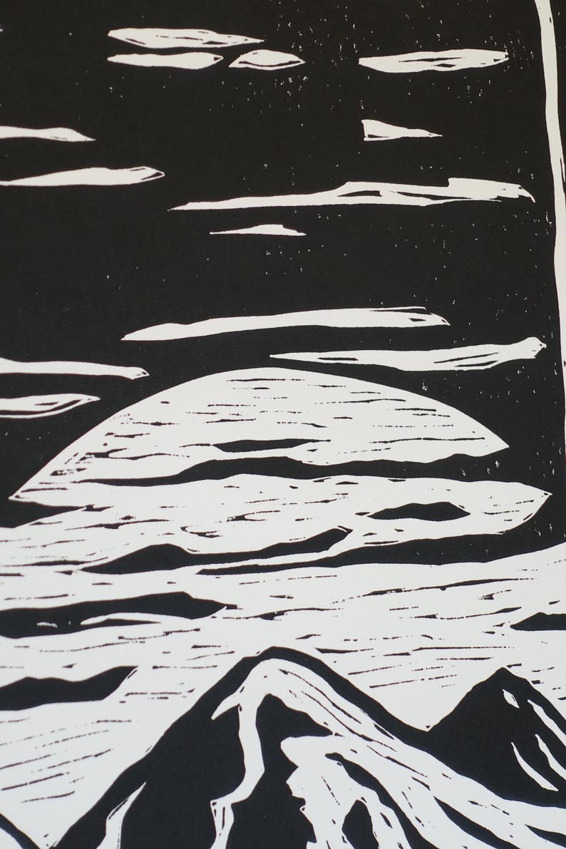 Handcrafted Linocut Print - Mountain Moon Scene - Black & White Art ...