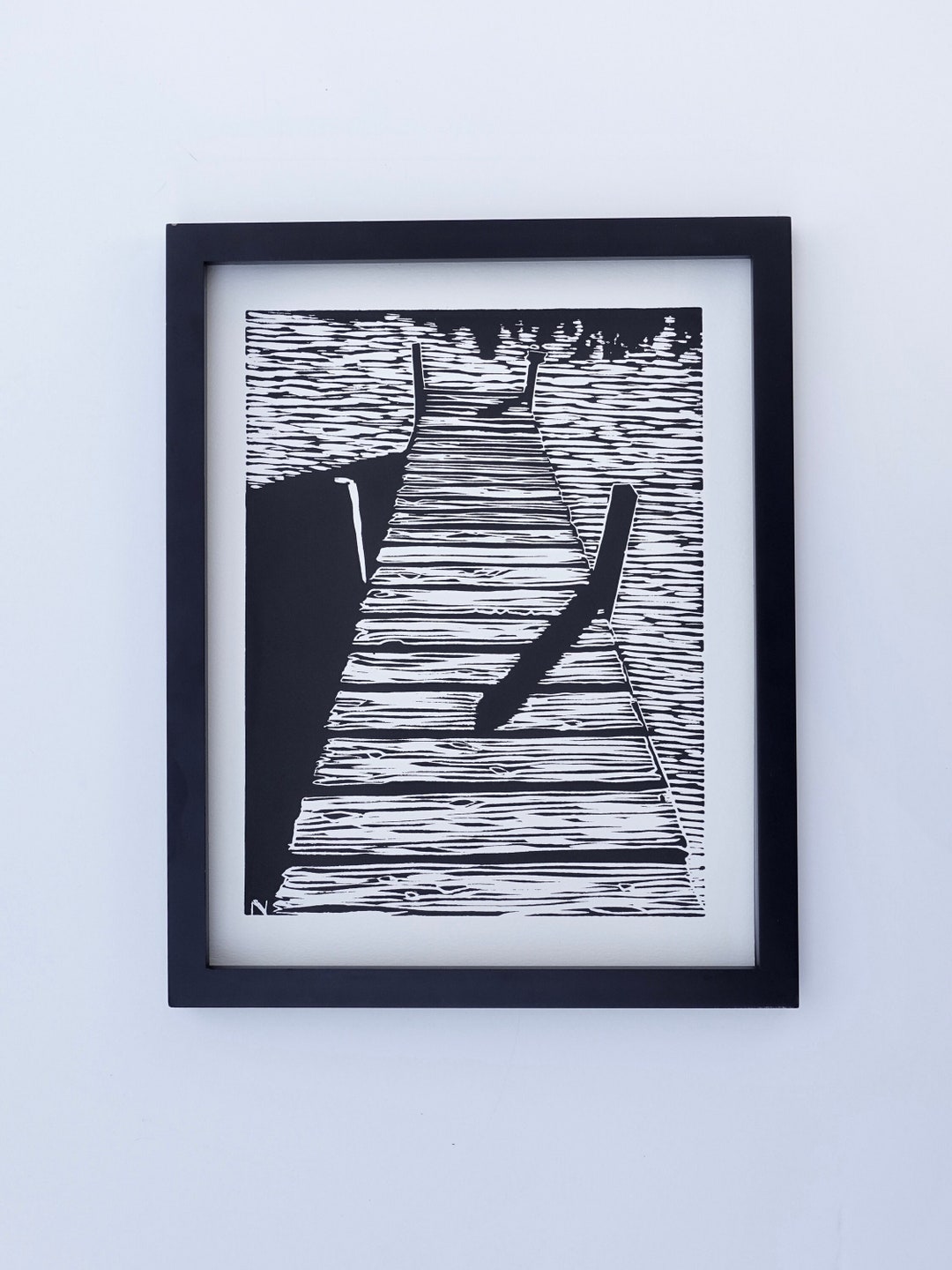 Linocut Print Lake Landscape - Black & White Block Print 11 X 14 ...