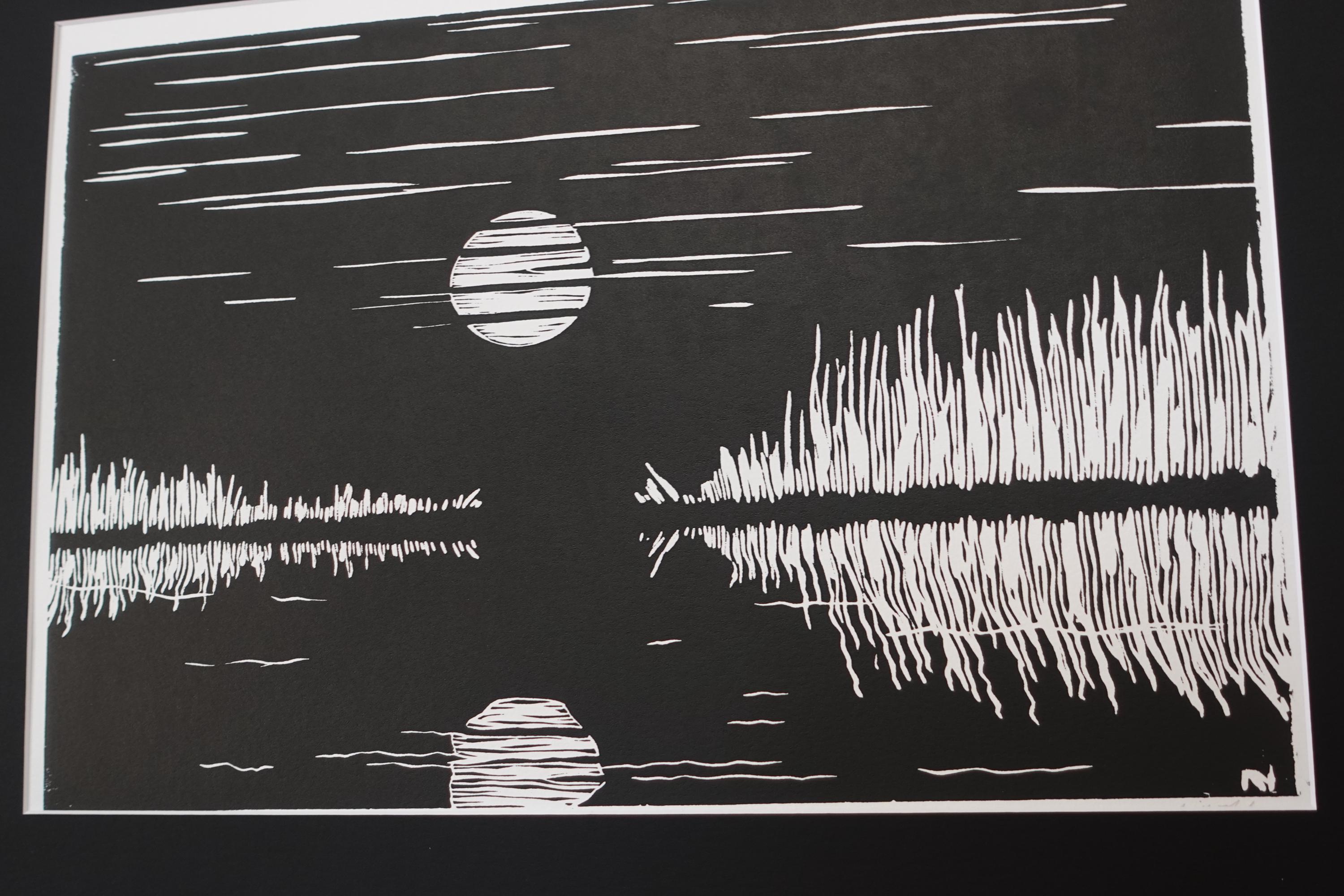 Handmade Linocut Print - Black and White Lake Water Scene - Outdoor ...