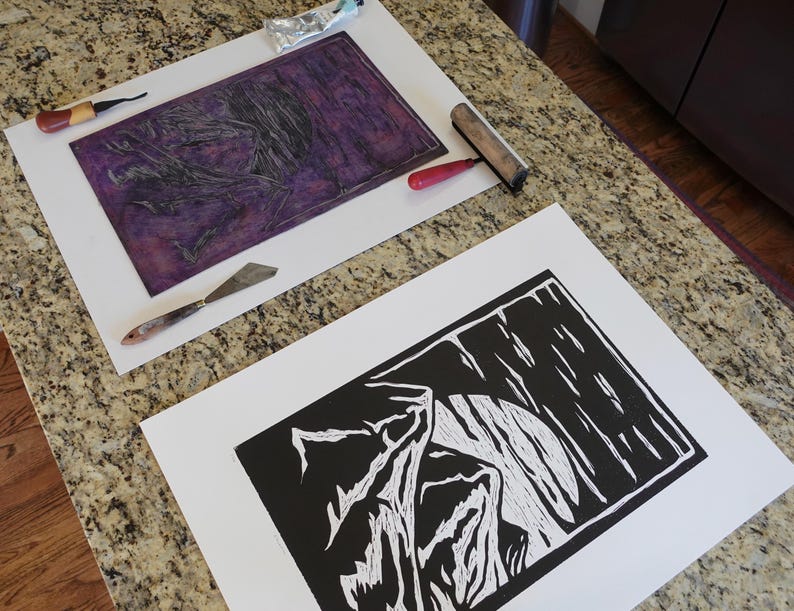 Handcrafted Linocut Print - Mountain Moon Scene - Black & White Art ...