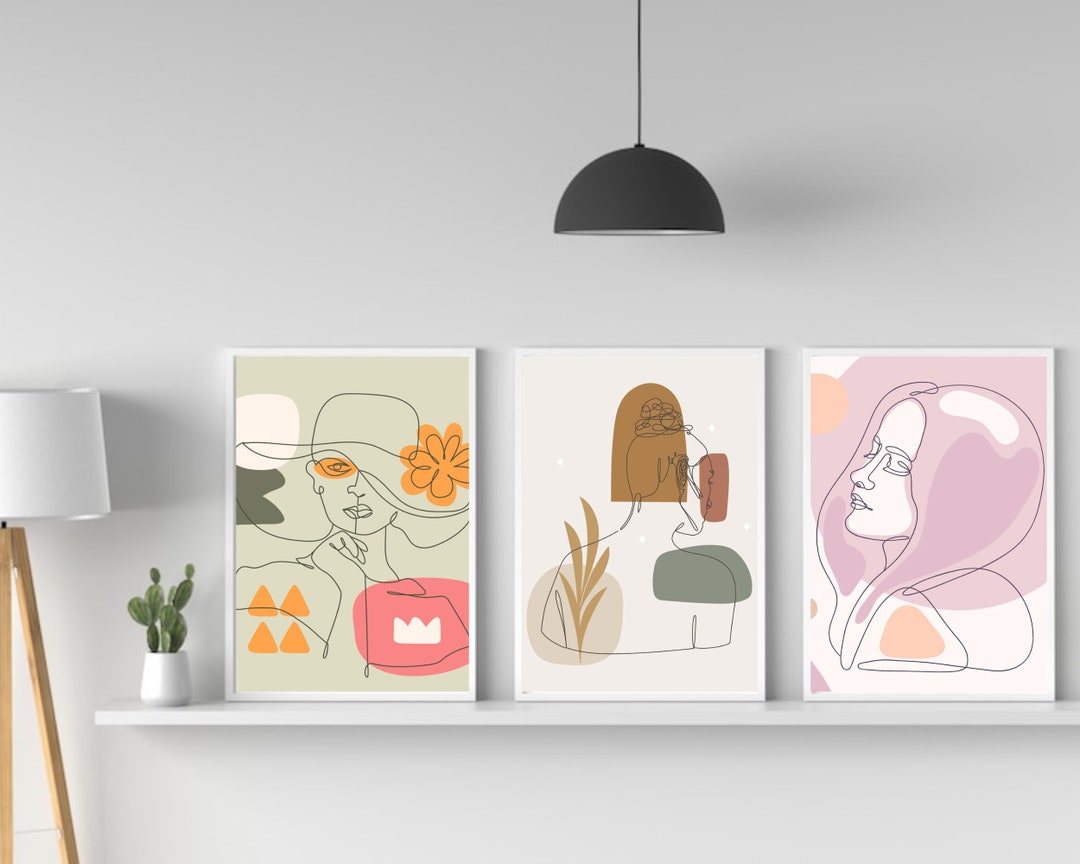 Woman With Flowers Art, Modern Line Drawing Set of 3, Home Decor Arts ...