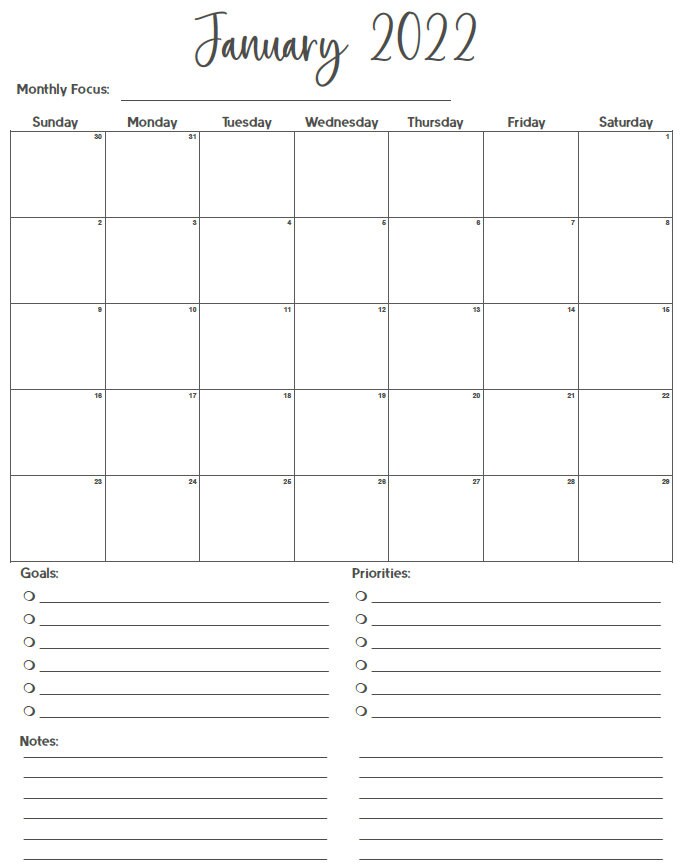 2022 Printable Monthly Calendar, PDF Download - Etsy