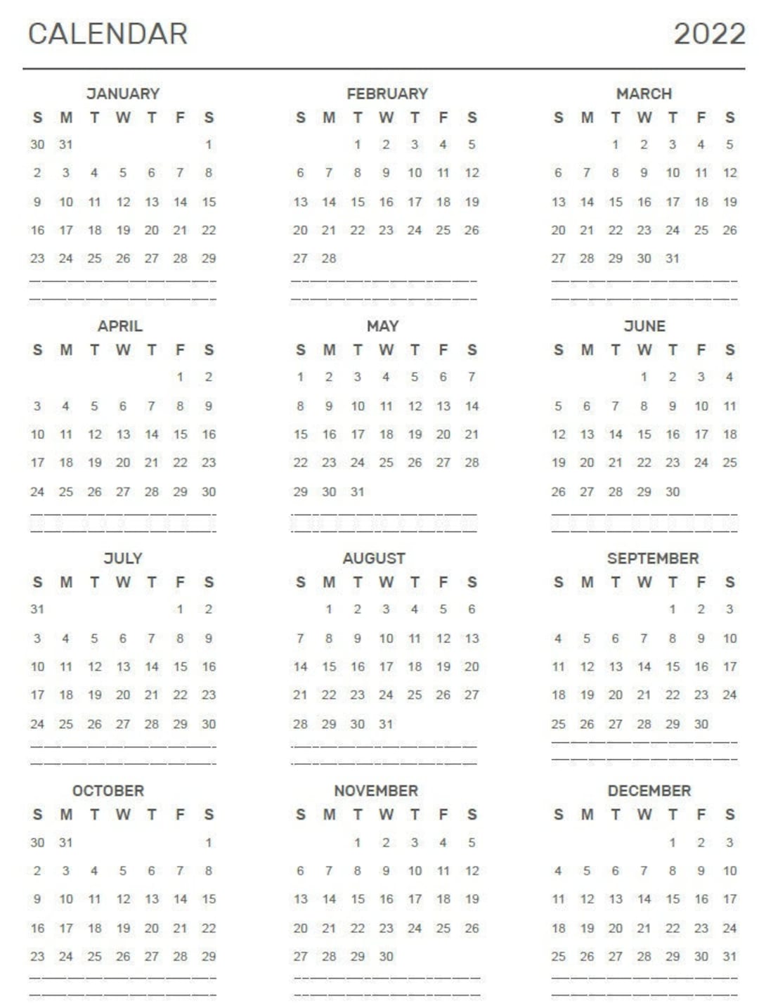 2022 Printable Monthly Calendar, PDF Download - Etsy