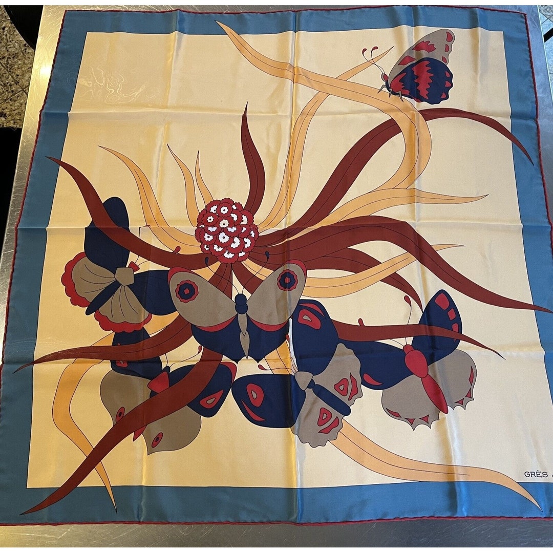 Vintage Gres Paris Butterfly Plant Print Blue & Burgundy 100 - Etsy