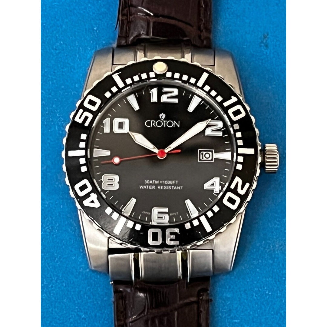 Croton Quartz Watch Stainless Steel Driver 30 ATM 1000 Ft W Leather ...