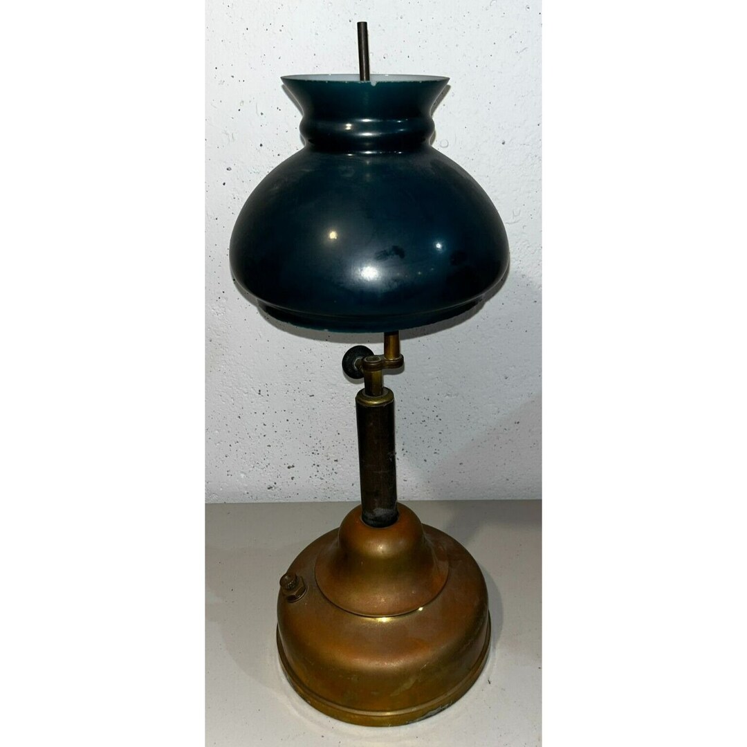 Brass Coleman Quick Lite Gas Table Lamp Lantern Green Bankers Glass ...