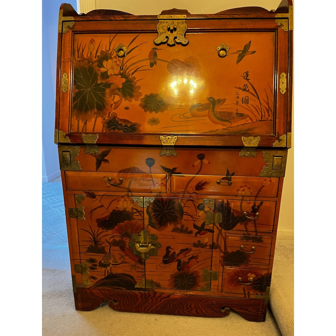 Oriental Furniture Oriental Furniture Korean Antique Style Drop Leaf Secretary Desk Etsy