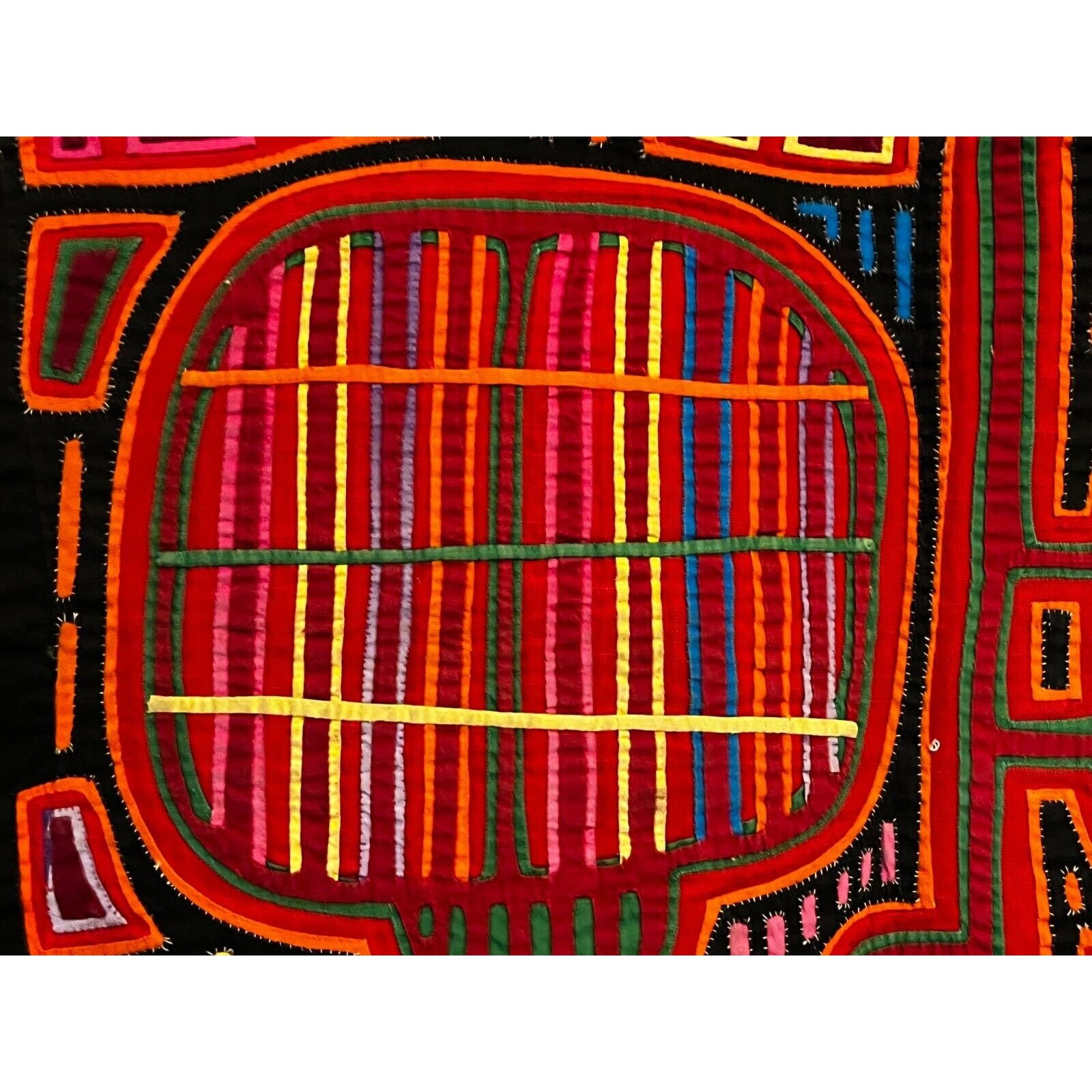 Vintage 1970s Panama Kuna Molas Indian Textile Tapestry Folk Art Black ...