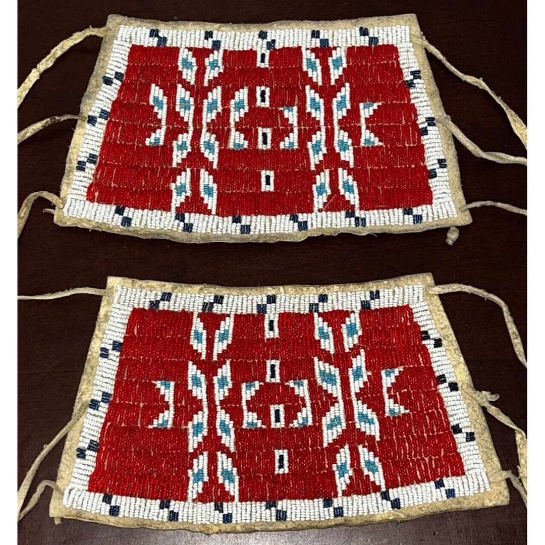 Antique Lakota Indian Native American Beaded Pair Cuffs Leather Backing ...