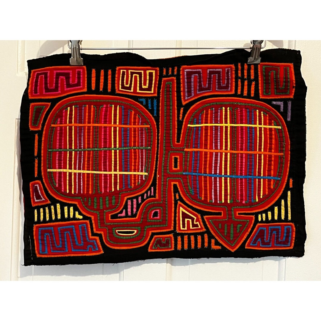 Vintage 1970s Panama Kuna Molas Indian Textile Tapestry Folk Art Black ...