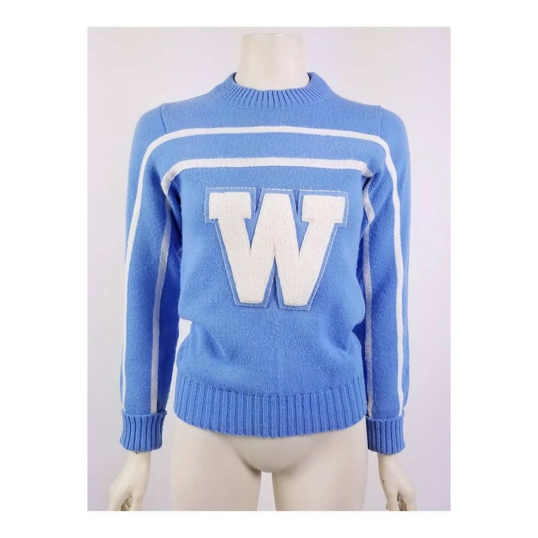 60s/70s Light Blue White Stripes Letter Varsity Cheer Knit Sweater ...