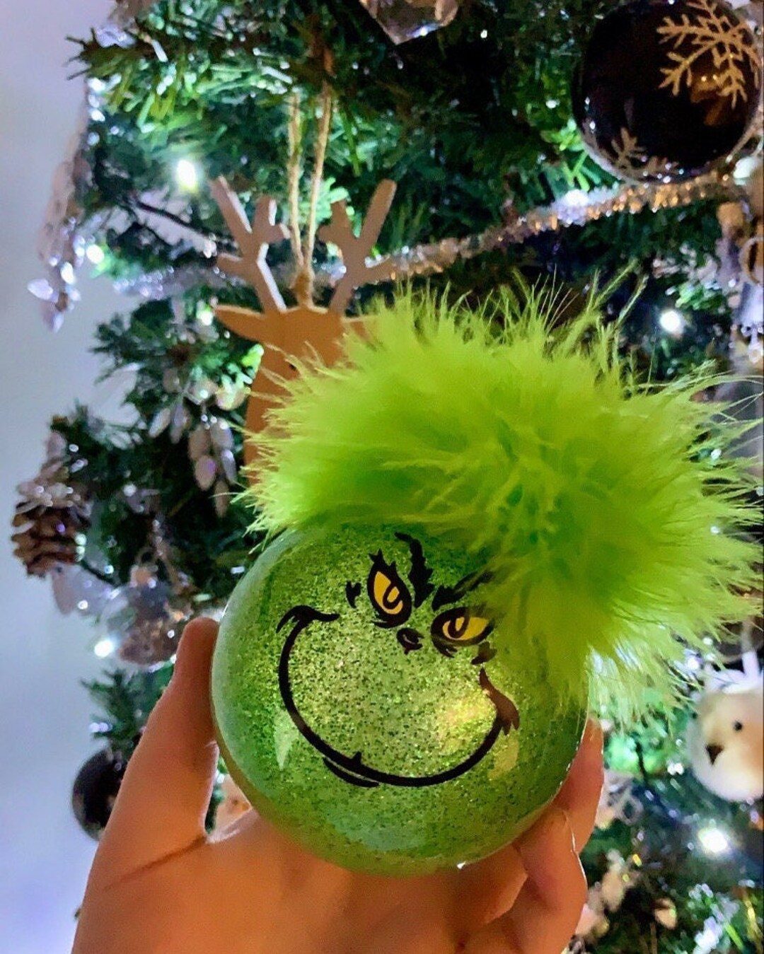 Funny Grinch Bauble, Handmade Bauble, Grinch, Glitter Grinch, Xmas ...