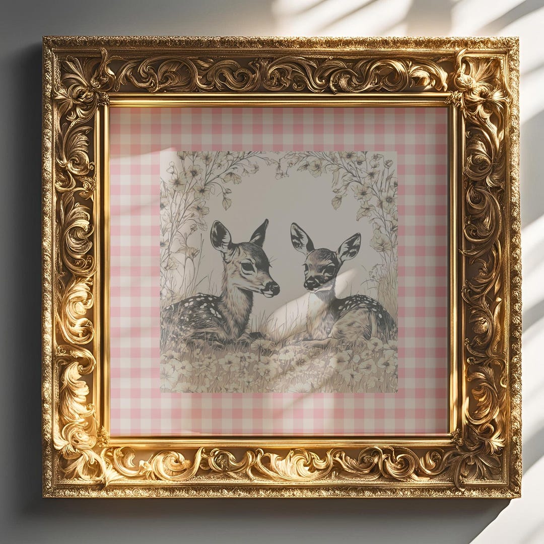 Deer Art Print | Pink Gingham | Shabby Chic Decor | Cottage Core Decor ...