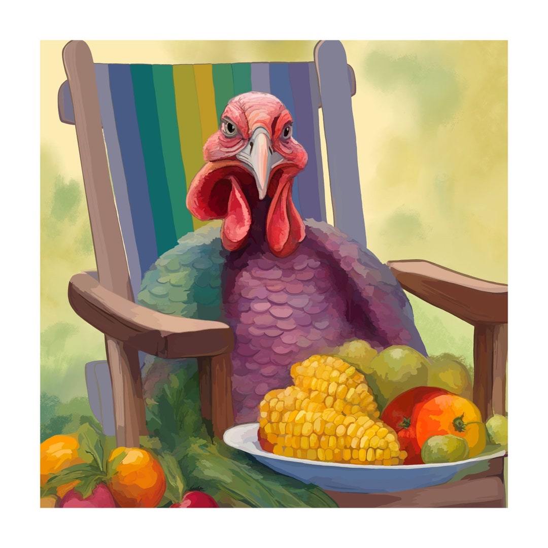Giclée Fine Art Print turkey Feast Comical Turkey Sitting in Chair With ...
