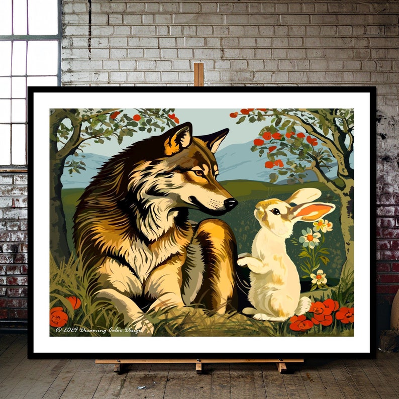 Giclée Fine Art Print wolf and Bunny Wolf and Rabbit With Flowers and ...