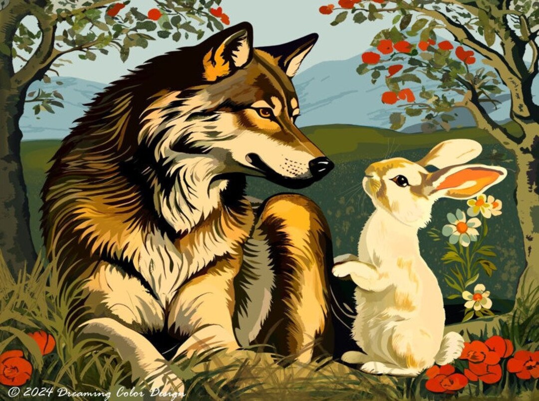 Colorful Giclée Fine Art Poster wolf and Bunny Wolf and Rabbit With ...