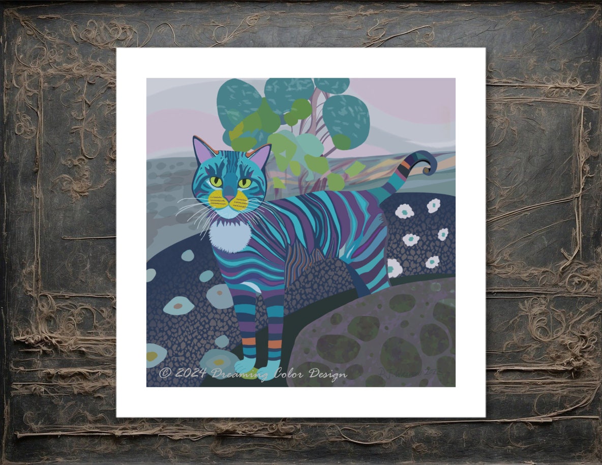 Giclée Fine Art Print kool Kat Purple and Teal Tiger Striped Cool Cat ...
