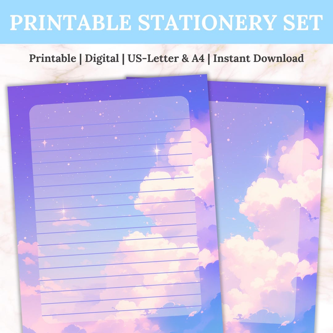Lined Paper Dreamy Sky, Printable Stationery, Lined & Unlined, Snail ...