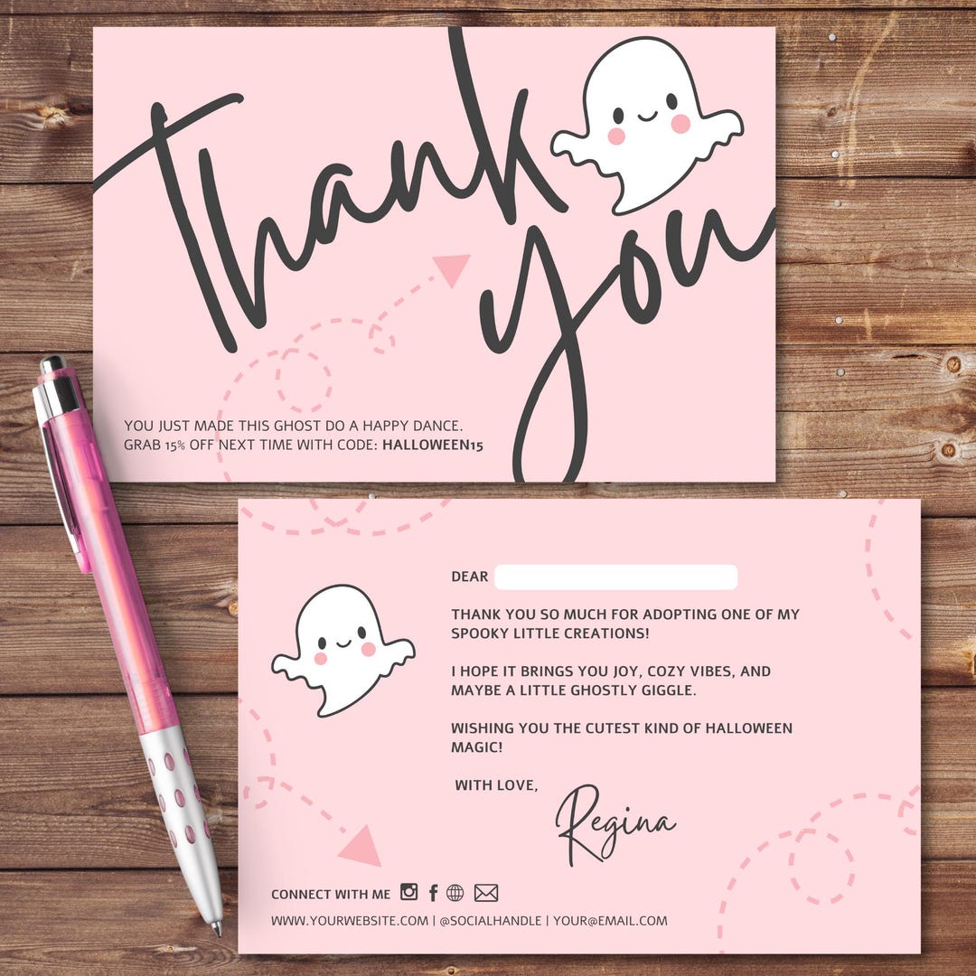 Thank You Card Template, Editable Pastel Pink Ghost Double Sided Insert ...