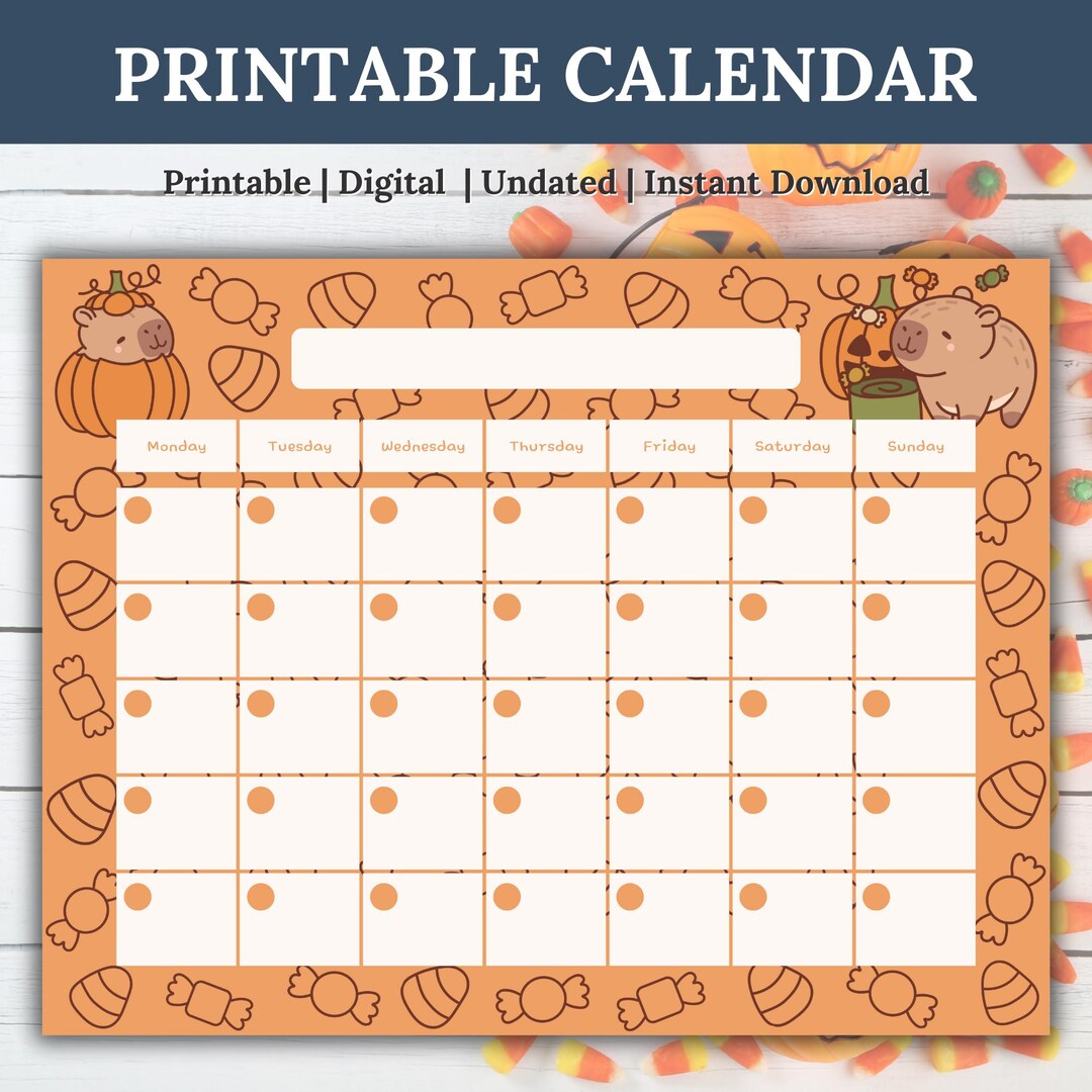 Undated Calendar Halloween Capybara, Monthly Planner, Printable Us ...