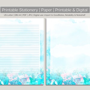 Printable Stationery Blue Flower in Us-letter & DINA4 Size Digital Note ...