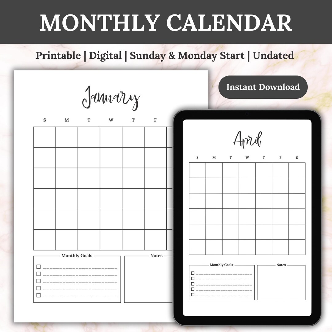 Undated Monthly Calendar Printable, Minimalist Planner, A4, A5, Letter ...