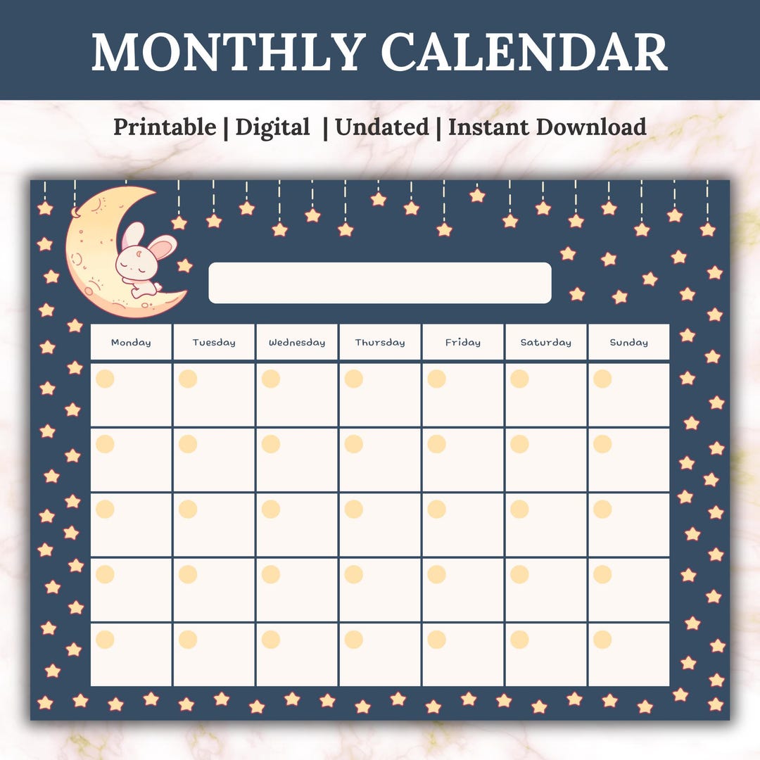 Monthly Calendar Printable, Undated Moon Bunny Planner, Study Organizer ...