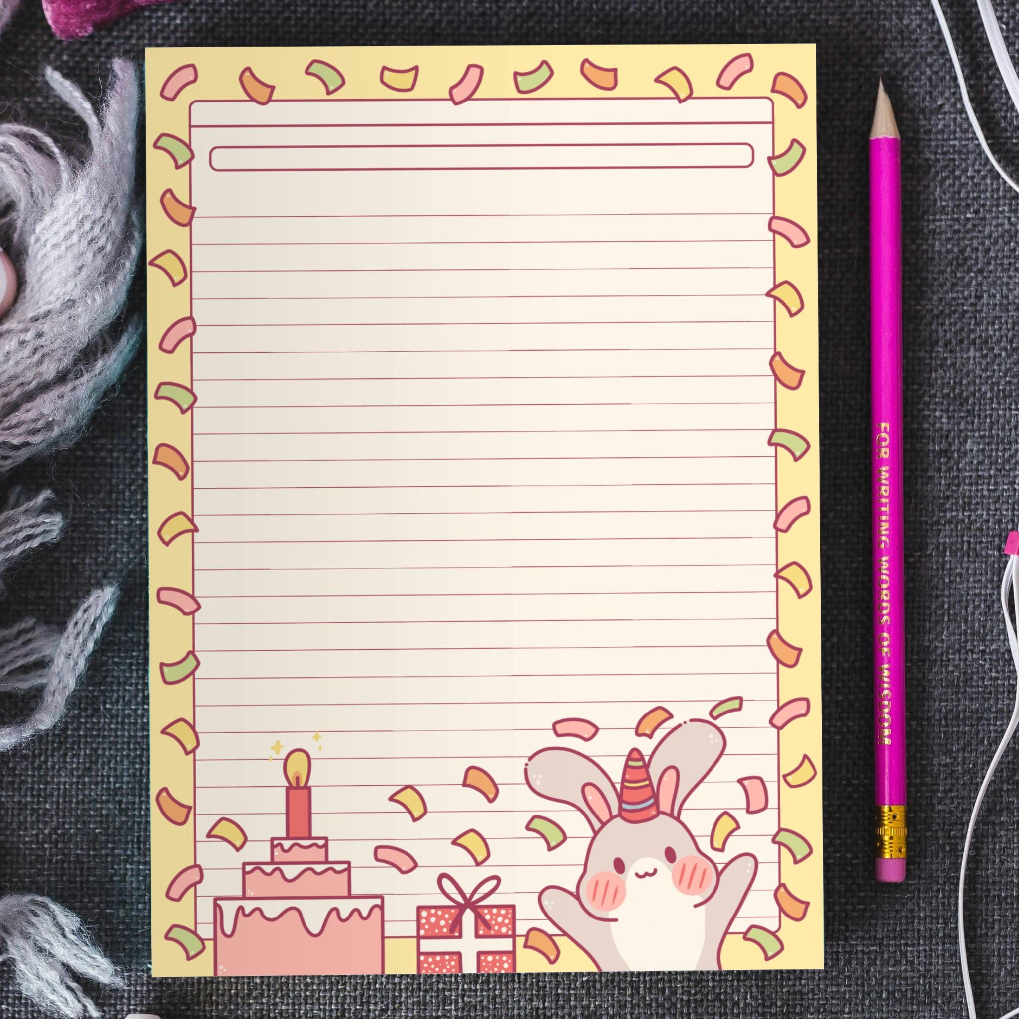 Lined Paper Birthday Bunny, Printable Stationery, DIY Notepad, A4, A5 ...