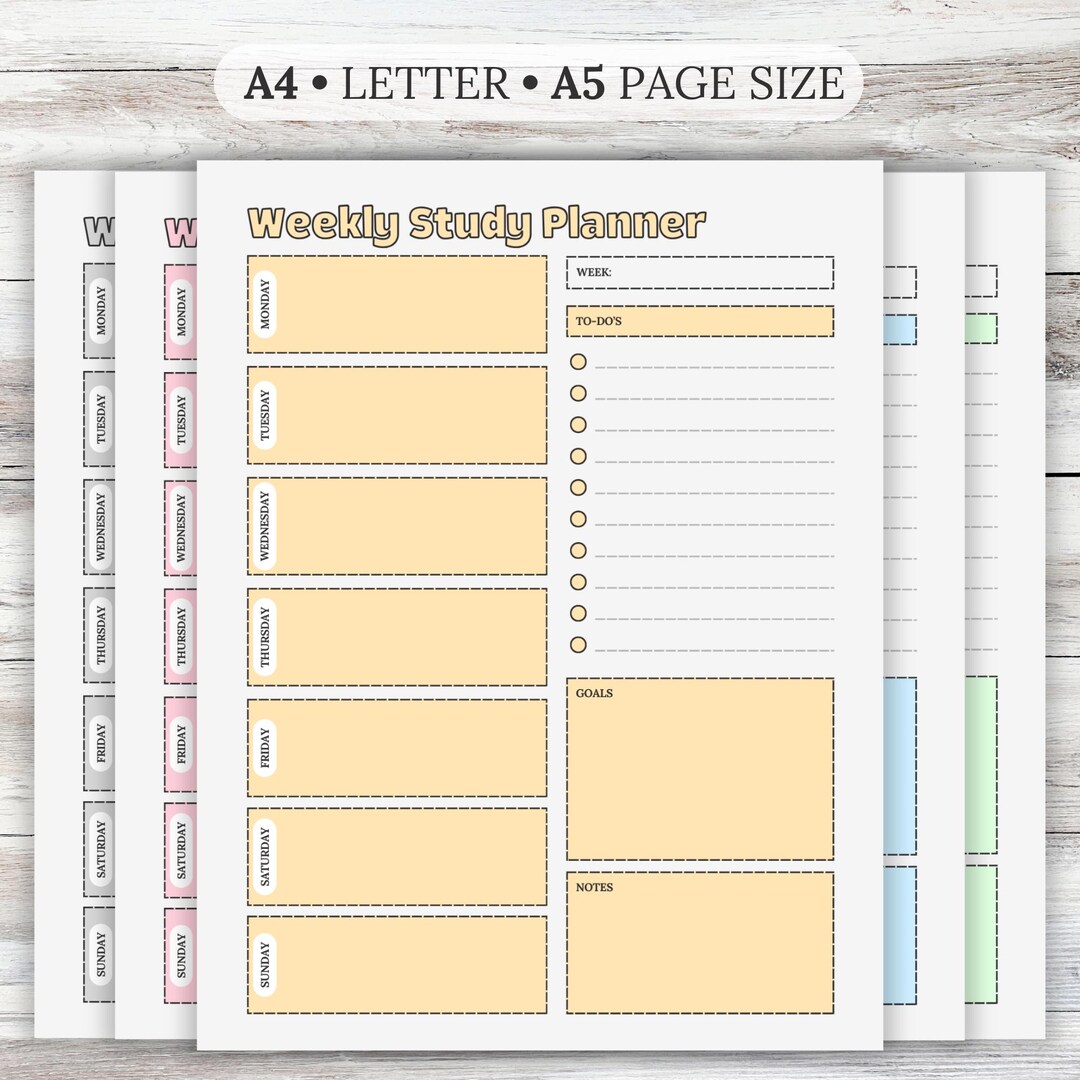 Weekly Study Planner Printable, Goals To-do Notes, 5 Soft Colors ...