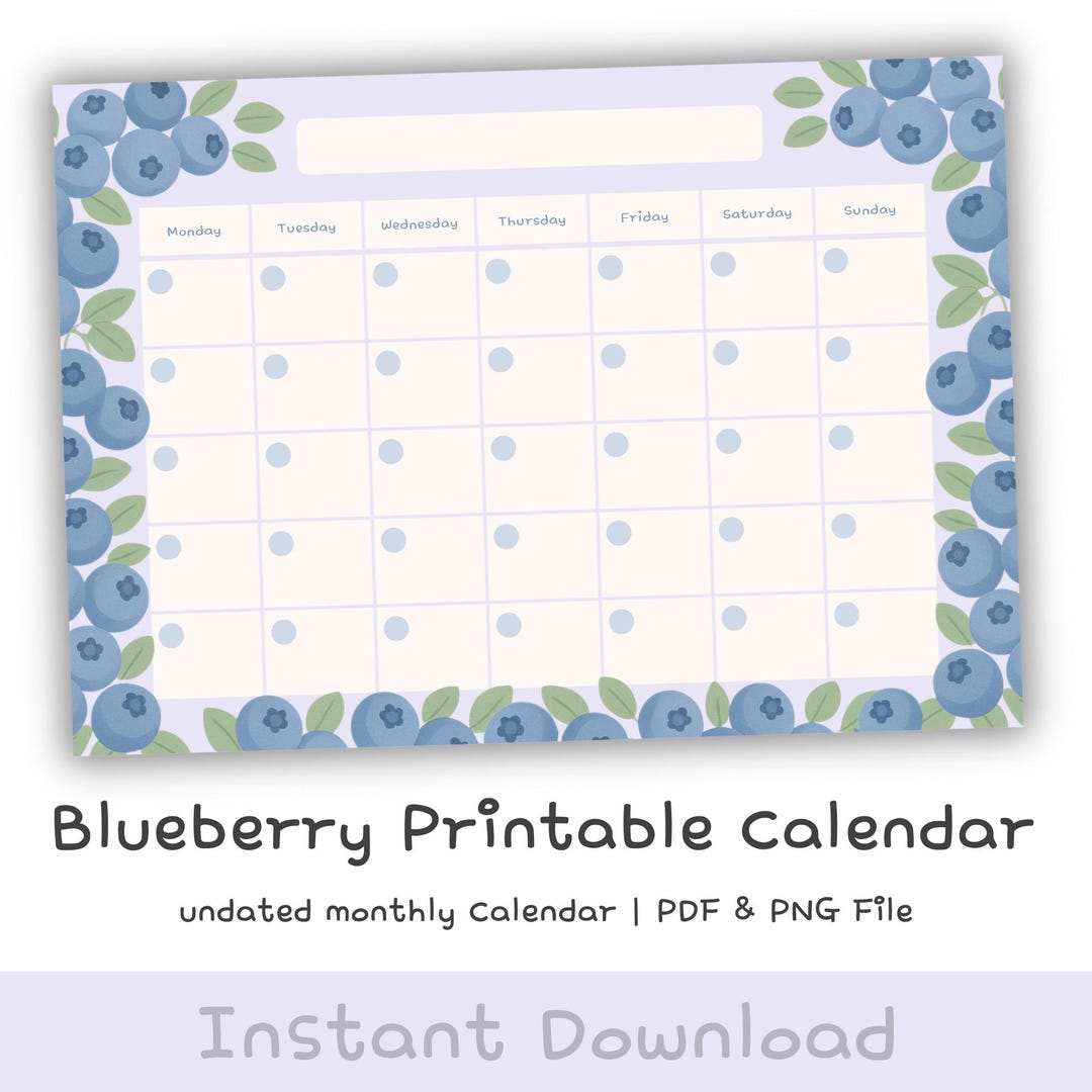 Undated Calendar Blueberry Printable, Monthly Planner, PDF & PNG, A4 ...