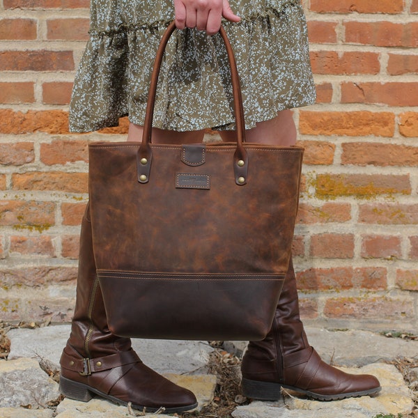 Two Tone Leather Tote Bag - Etsy