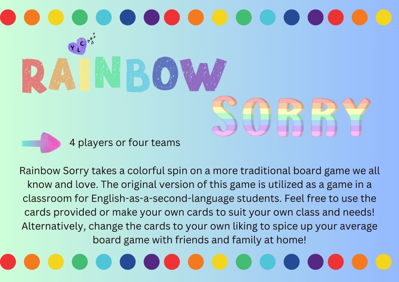 Sorry Board Game- Printable- Digital Download- ESL Game- Family Game ...